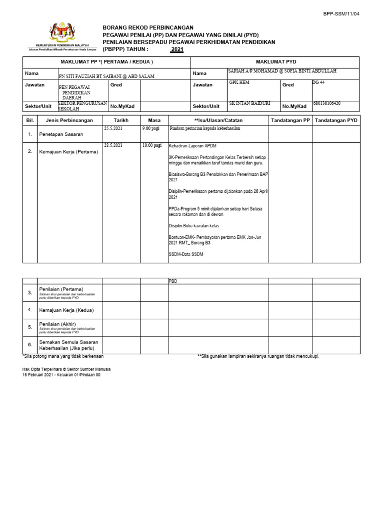 Borang Rekod Perbincangan PP Dan Pyd Sofia Mei 2021 | PDF