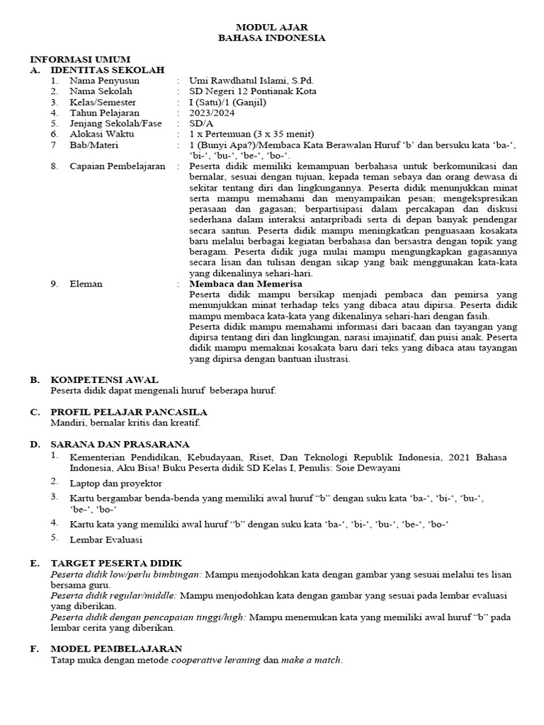 Modul Ajar Supervisi - Kelas I Bahasa Indonesia | PDF | Karier & Perkembangan