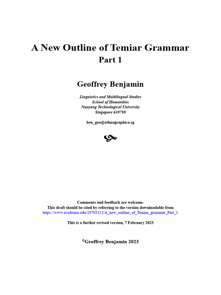 Benjamin, A New Outline of Temiar Grammar, Part 1 | PDF | Syllable | Vowel
