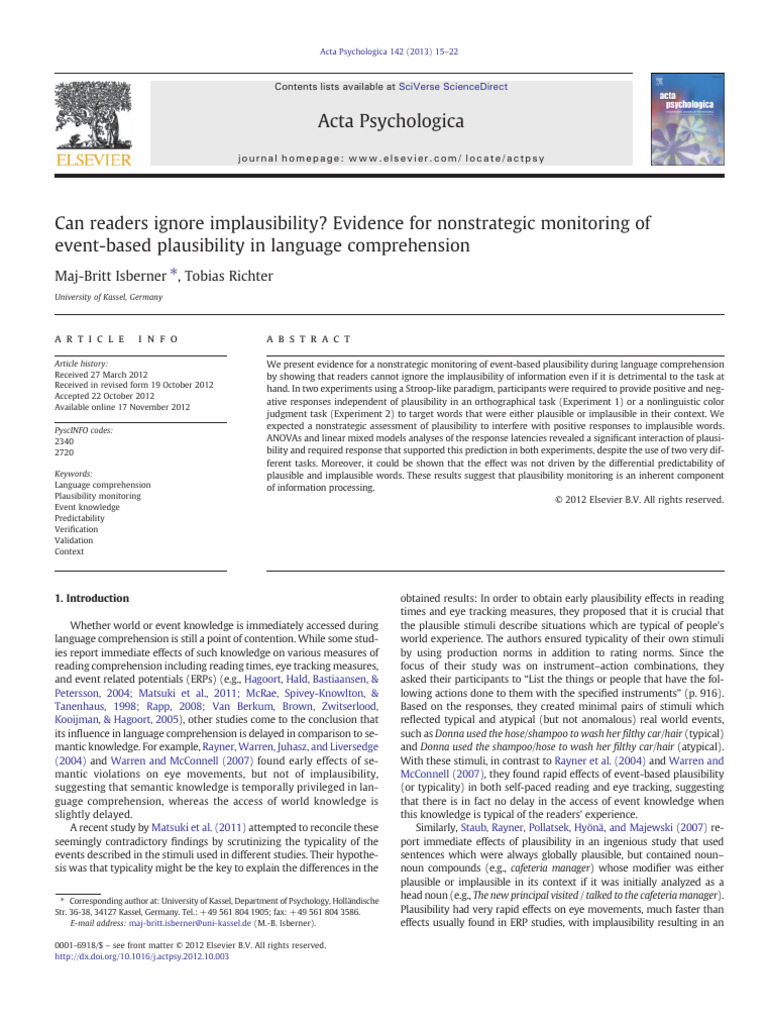 Acta Psychologica: Maj-Britt Isberner, Tobias Richter | PDF | Analysis ...