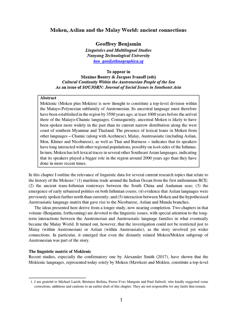 Benjamin, 'Moken, Aslian and The Malay World' | PDF | Languages Of ...