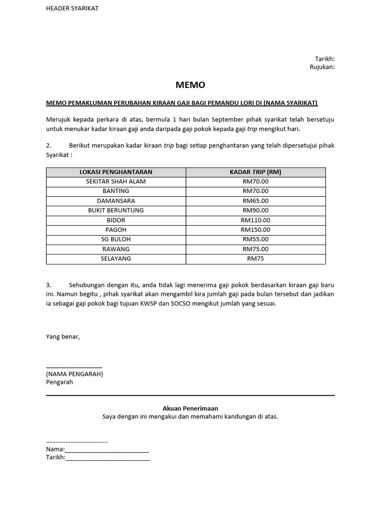 Contoh Memo Harga Gaji Pemandu | PDF
