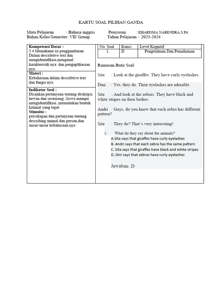 KISI-KISI DAN KARTU SOAL English | PDF