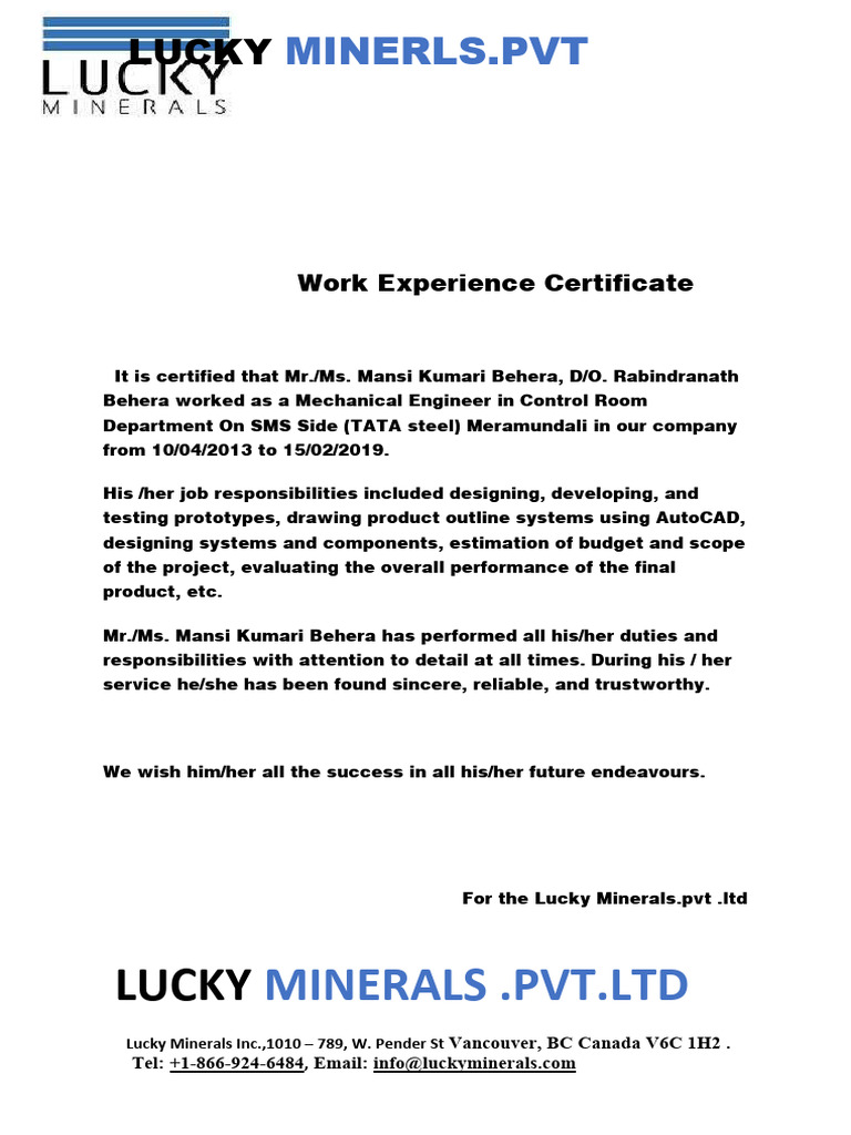 Experience Certificate Format For Mechanical Engineer | PDF | Career ...
