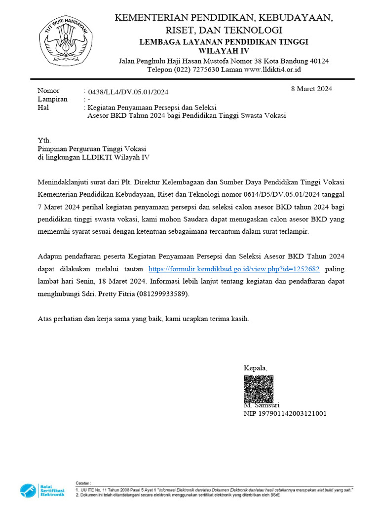 Surat Pengantar Penyamaan Dan Seleksi Asesor BKD Perguruan Tinggi Swasta Vokasi | PDF