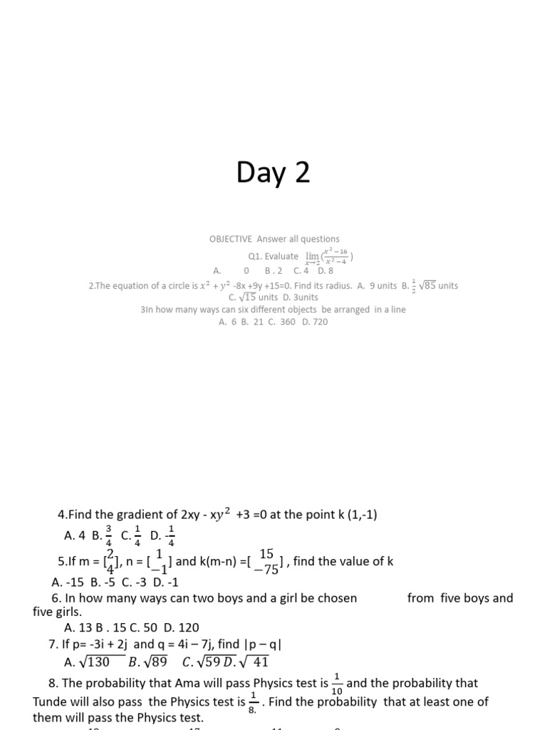 Day 2 FURTHER MATHEMATICS SSS 3 | PDF | Mathematical Physics | Applied ...