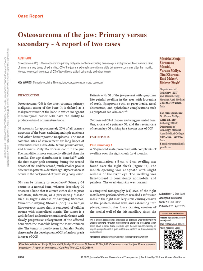 Osteosarcoma of The Jaw Primary Versus Secondary.62 | PDF | Neoplasms ...