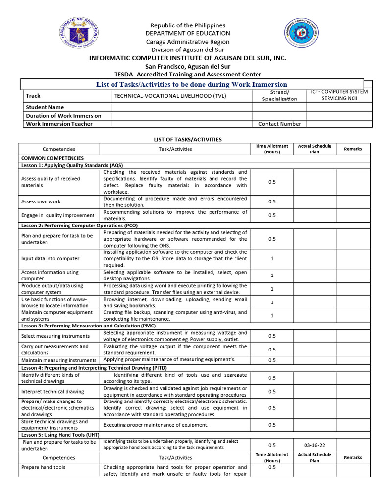 LIST OF TASK Work Immersion | PDF | Computer Network | Wi Fi