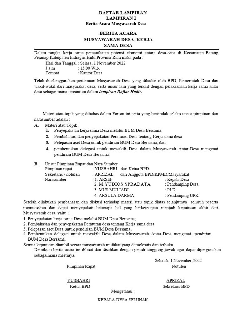 Berita Acara Musdes Rkpdes SLK | PDF