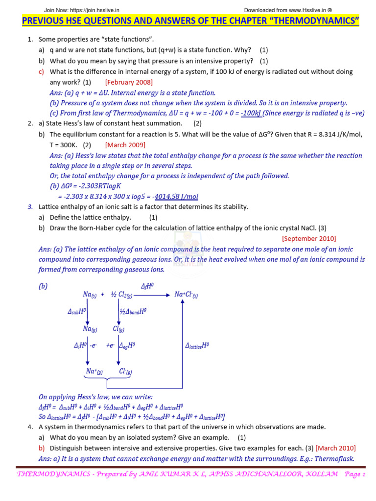 Hsslive-Xi-Chem-Prvs-Qn-6. Thermodynamics Q & A | PDF | Enthalpy | Entropy
