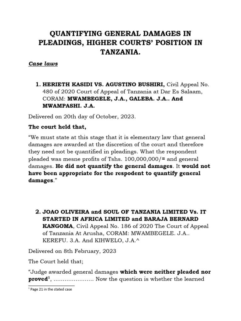 QUANTIFYING GENERAL DAMAGES IN PLEADING TZ CASE LAWS... BY ISAKA KABUJE @jumong.. Pending ...