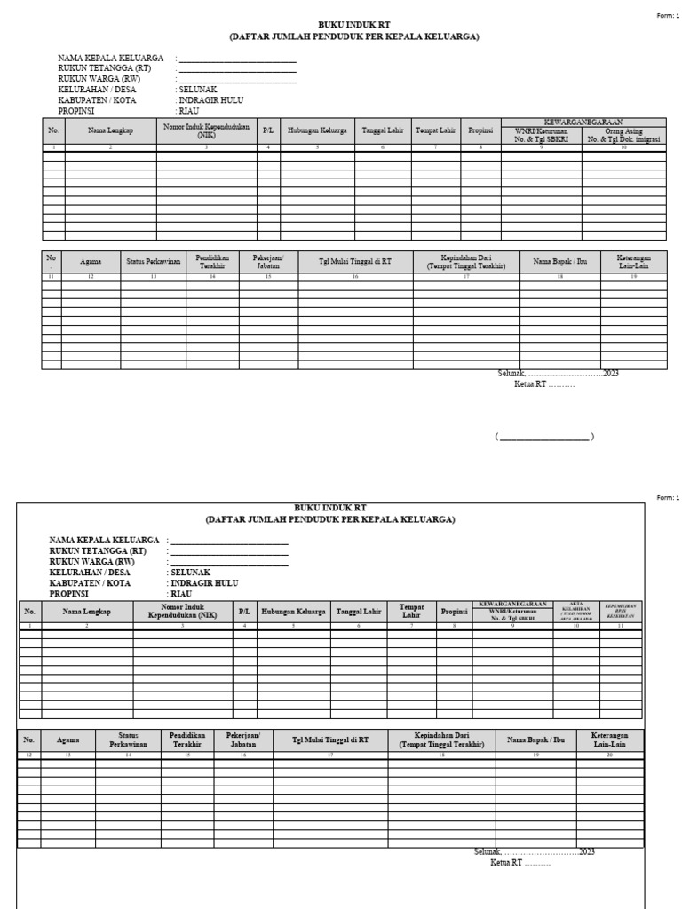 Buku Induk RT 2023 | PDF