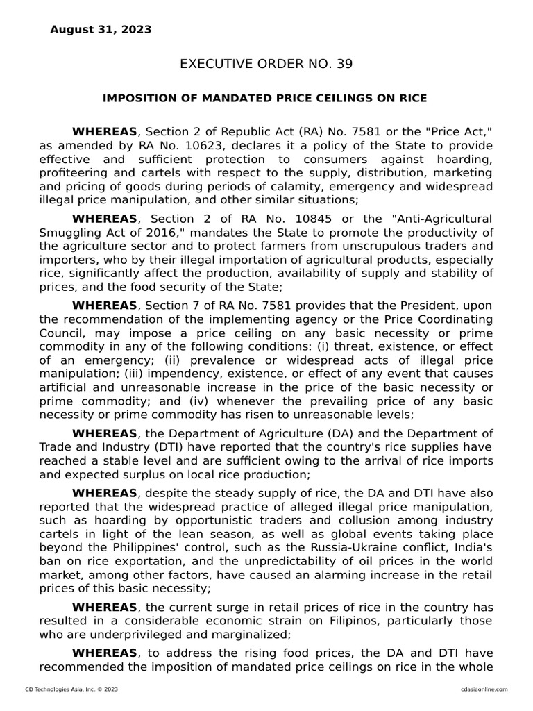 EO 39 (2023-08-31) - IMPOSITION OF MANDATED PRICE CEILINGS ON RICE ...