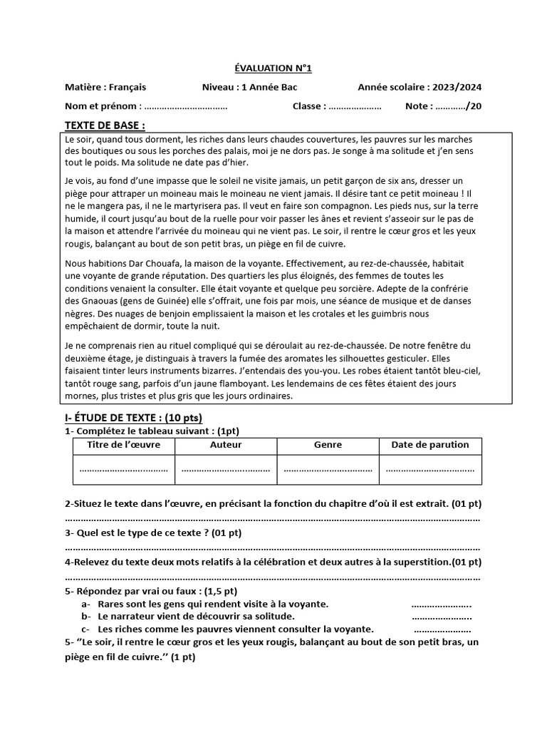 Evaluation 1BAC | PDF | Fiction générale