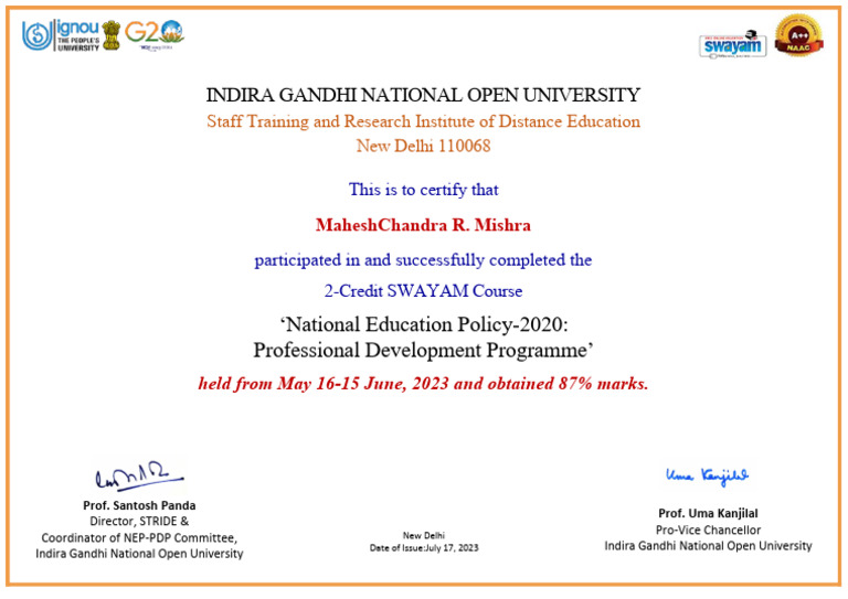 NEP 2020 Certificate For Course Completion | PDF