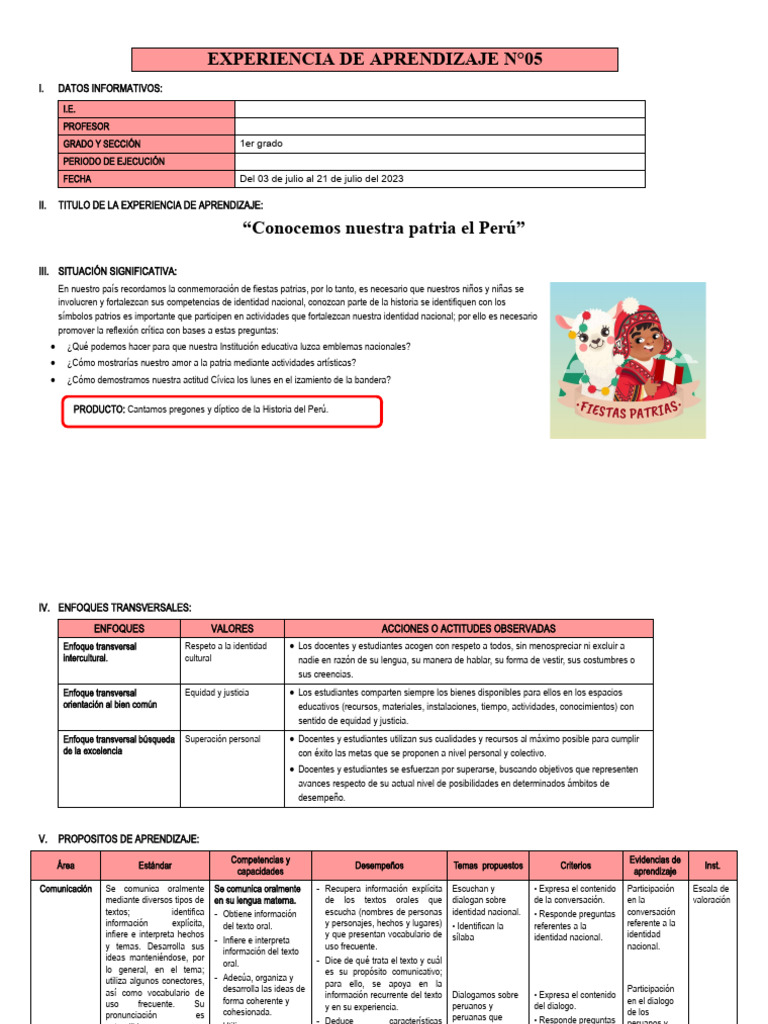 1° Grado - Experiencia de Aprendizaje N°05 | PDF