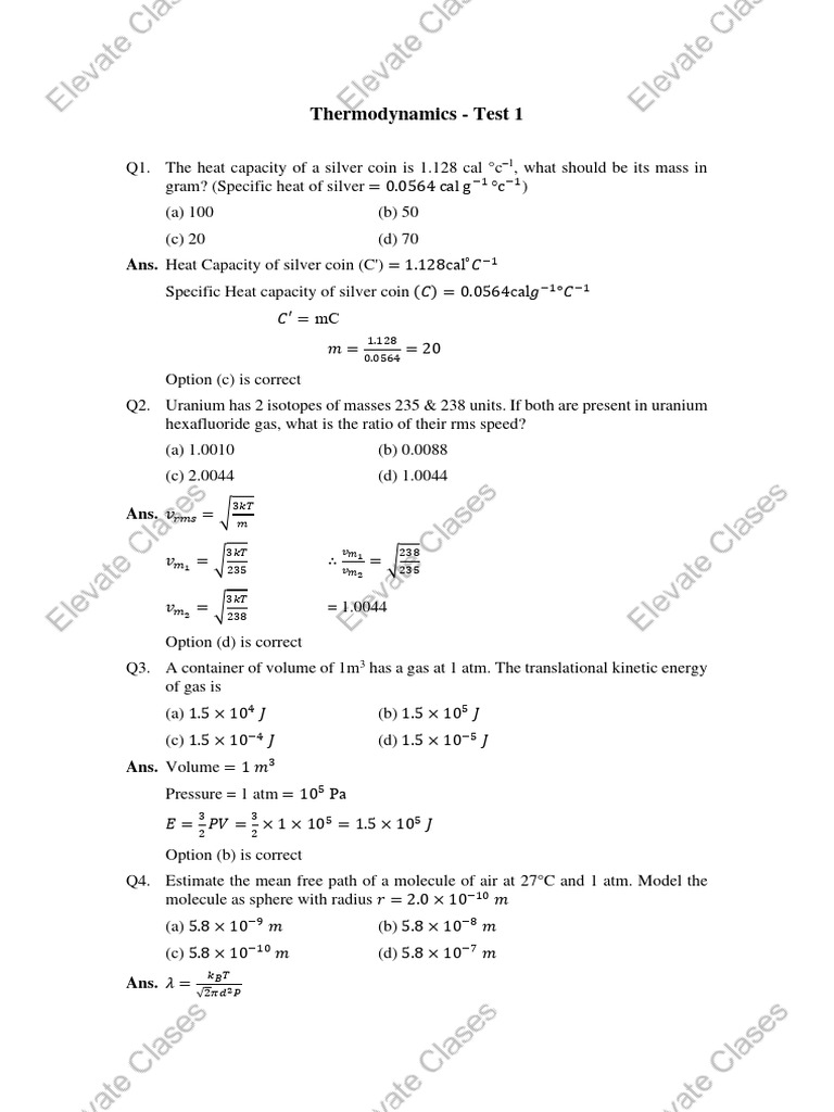 Thermodynamic Test 1 (Paper+Solutions) - Elevate Classes | PDF | Gases ...