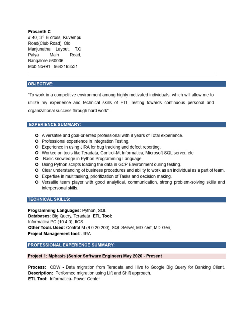 Prasanth C Resume1 Updated | PDF | Insurance | Underwriting