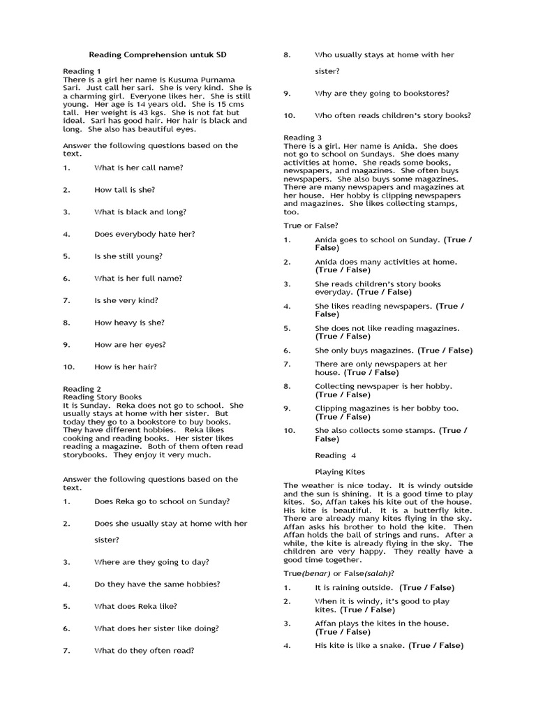 ENGLISH - Reading Comprehension Untuk SD | PDF