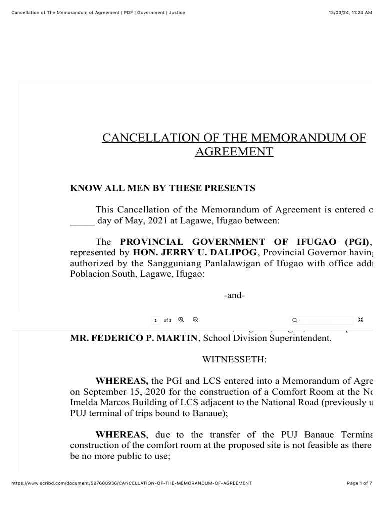 Cancellation of the Memorandum of Agreement | PDF | Government | Justice | PDF | Government ...