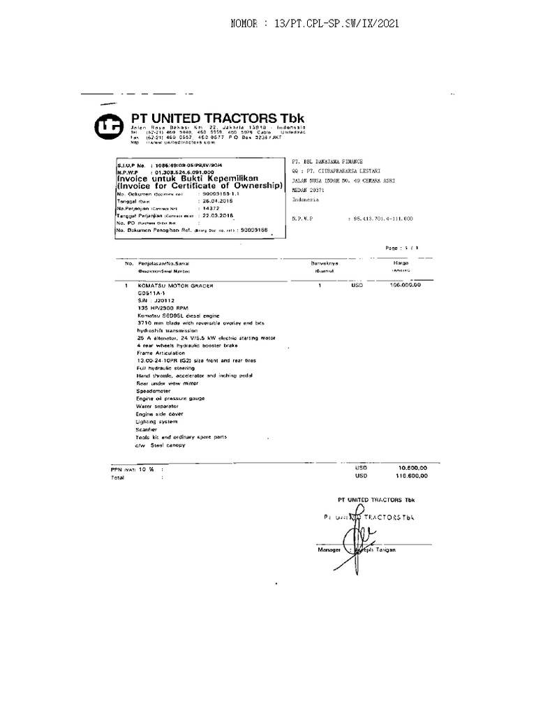 2018 Invoice Pembelian Motor Grader Komatsu Gd511-A - [Kirim] | PDF