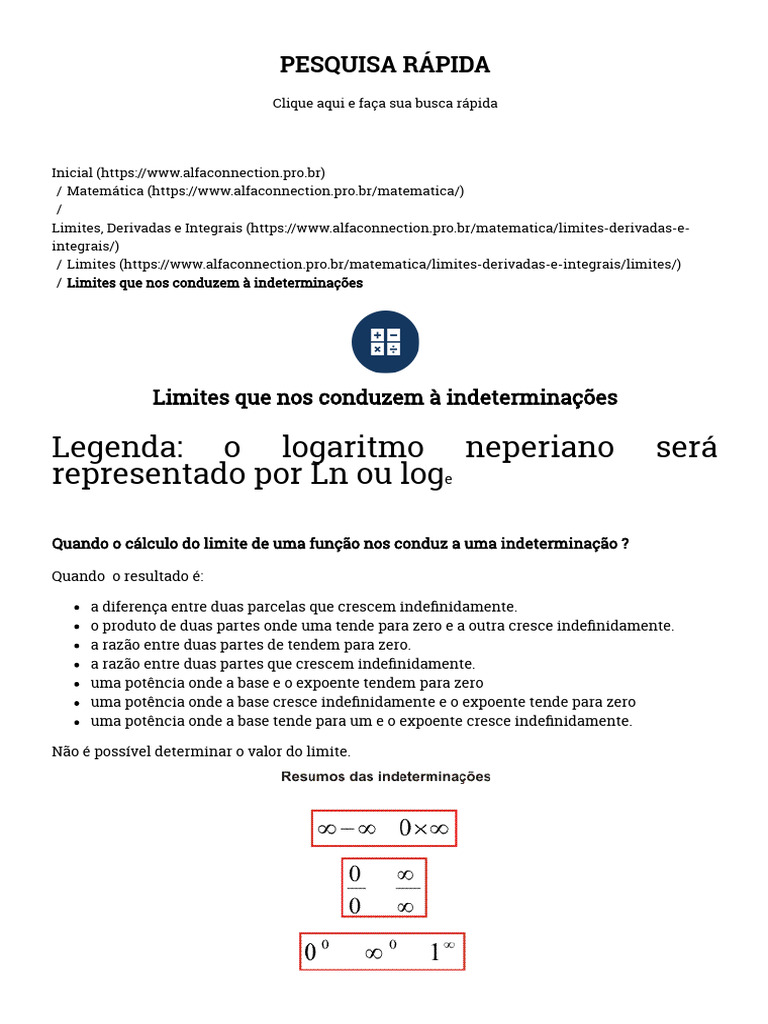 Limites Que Nos Conduzem À Indeterminações - Alfaconnection | PDF ...