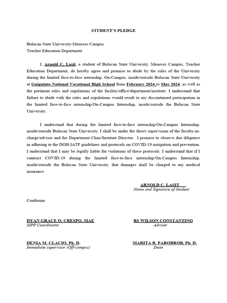 Student Pledge for Internship Compliance | PDF