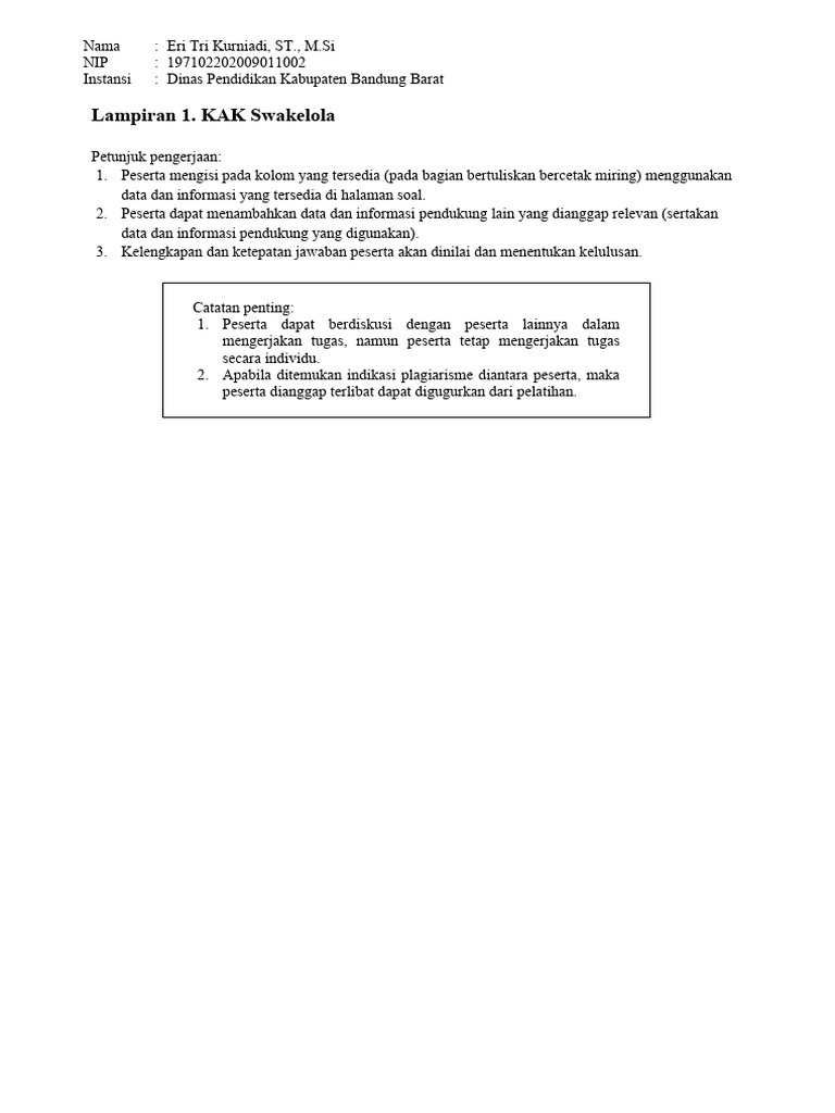 Eri Tri Kurniadi - Revisi Lampiran 01 - KAK Swakelola Tipe III | PDF