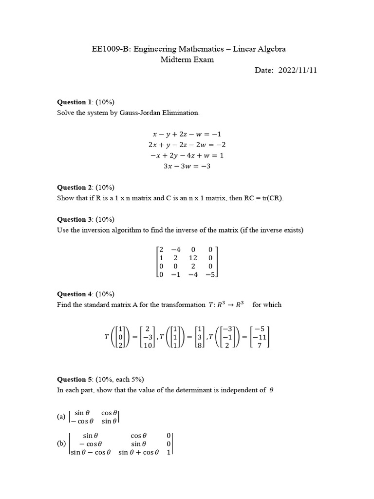Linear Algebra Midterm Exam | PDF | Matrix (Mathematics) | Mathematical Concepts