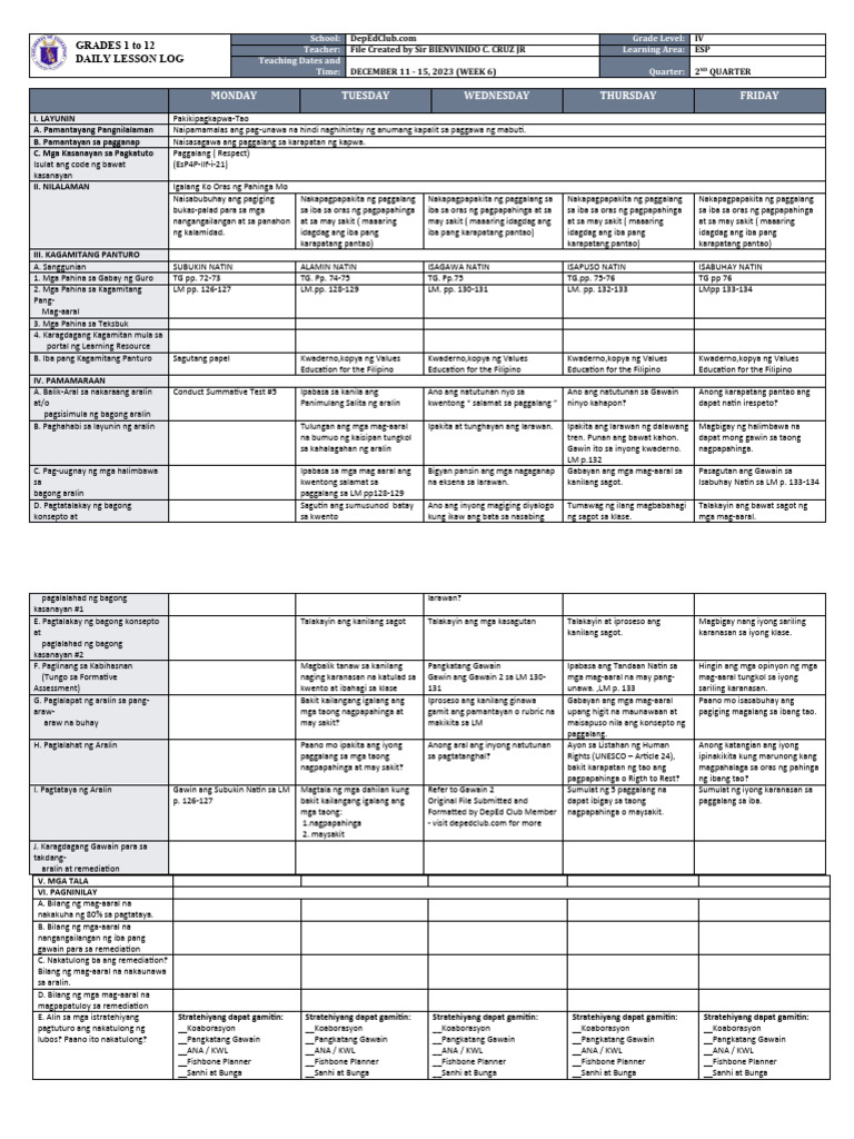 DLL - Esp 4 - Q2 - W6 | PDF