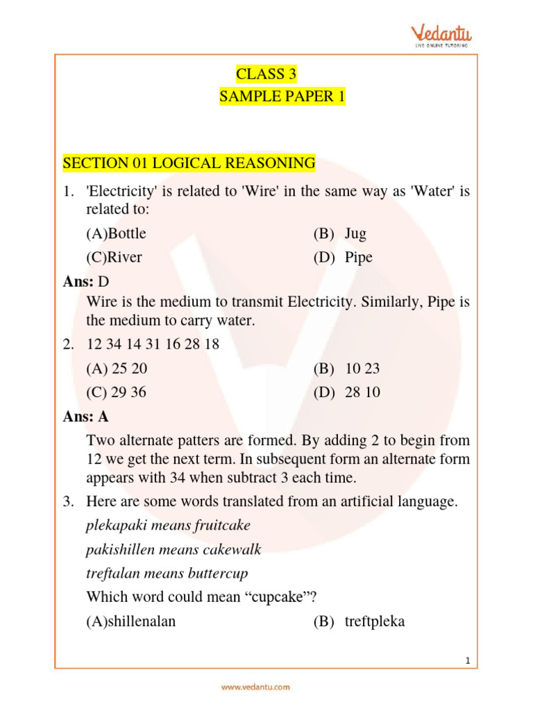 NSO Sample Question Paper 1 for Class 3_ Download Free PDF With ...