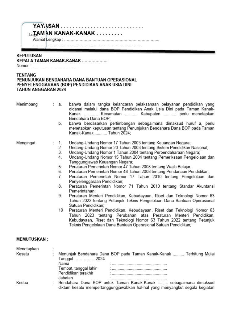 SK Bendahara BOSP PAUD 2024 (Panduanmengajar - Com) | PDF
