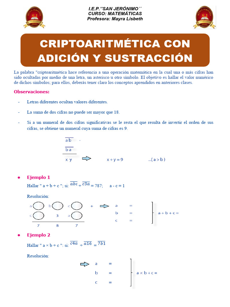 S6-RM - 3RO Y 4TO - Criptoaritmética-con-Adición-y-Sustracción | PDF | Sustracción | Notación ...