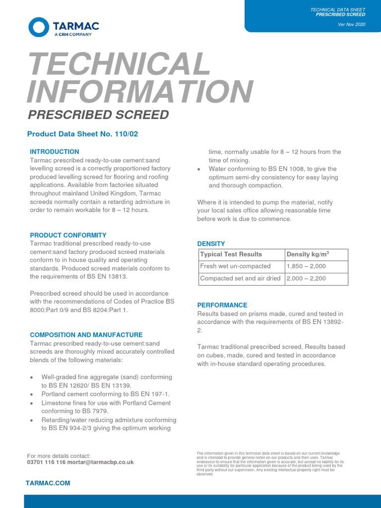 Prescribed Screed Technical Data Sheet | PDF | Concrete | Cement