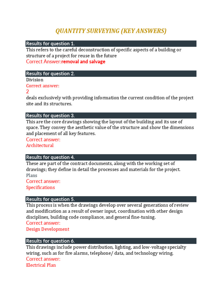 Quantity Surveying Exam Key Answers | PDF | Specification (Technical ...