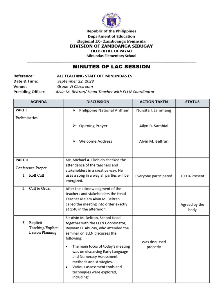 LAC Session Minutes on ELLN Strategies | PDF | Teachers | Pedagogy