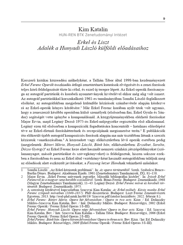 Kim Katalin: Erkel És Liszt. Adalék A Hunyadi László Külföldi Előadásaihoz | PDF