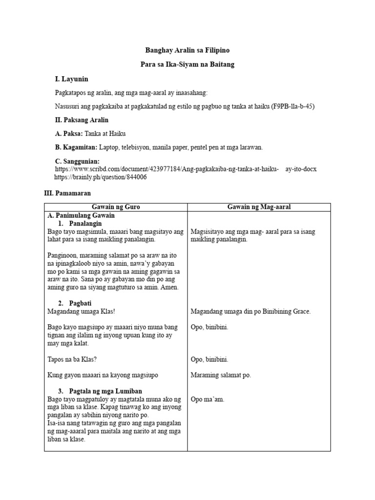Banghay Aralin Sa Filipino Pre Demo Format 1 | PDF