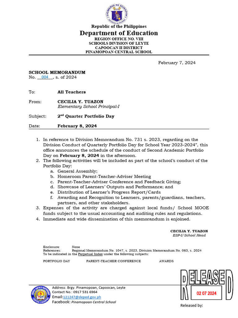 School Memorandum No. 004, S. 2024 Second Quarter Portfolio Day | PDF