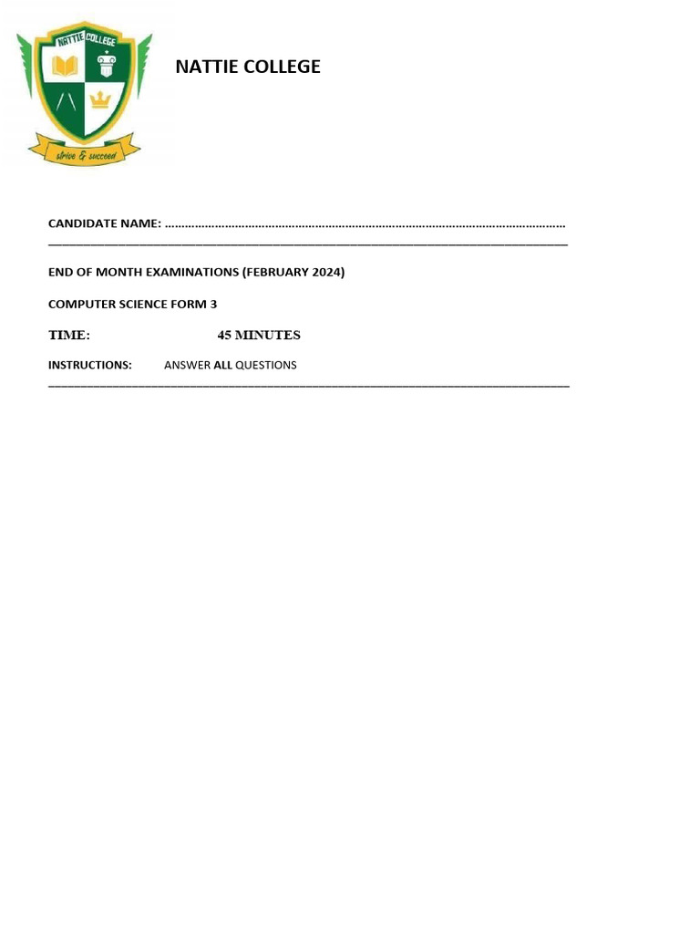 Form 3 End of Month Test | PDF | Input/Output | Computing