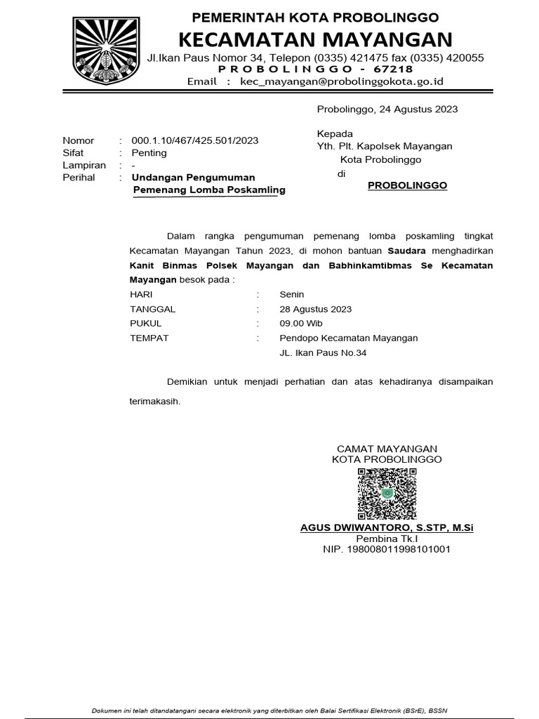 PDF Undangan Pengumuman Pemenang Lomba Poskamling | PDF