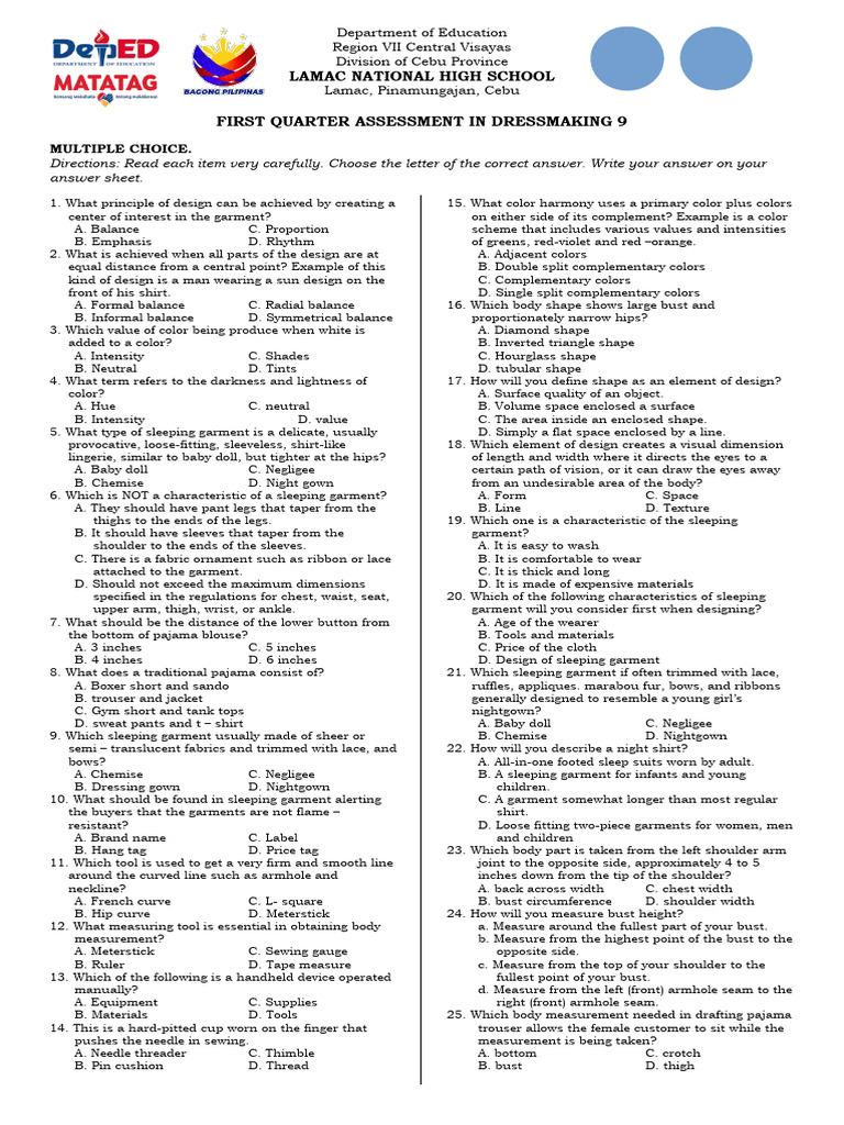 First Quarterly Assessment | PDF | Color | Seam (Sewing)