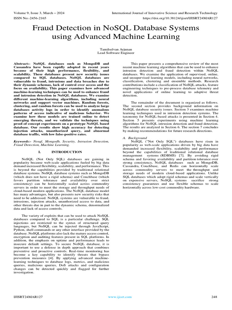 Fraud Detection In Nosql Database Systems Using Advanced Machine Learning Pdf No Sql