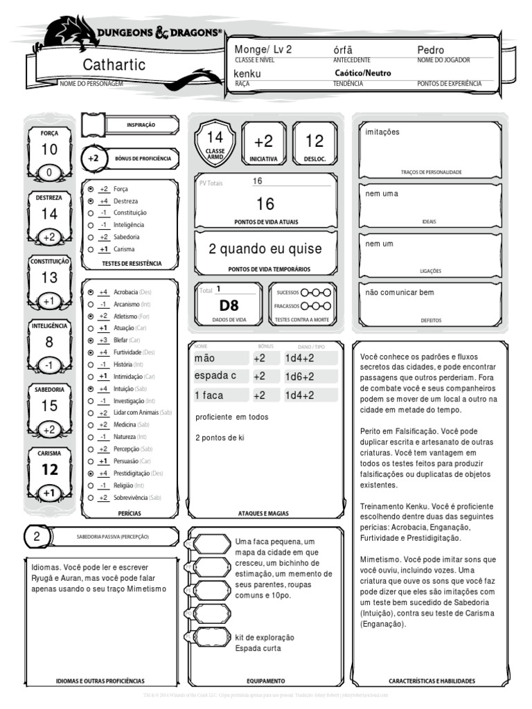 Ficha de Personagem: Monge Kenku D&D | PDF