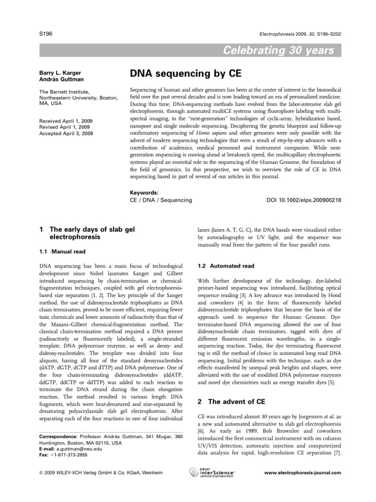 Electrophoresis - 2009 - Karger - DNA sequencing by CE | PDF | Dna Sequencing | Gel Electrophoresis