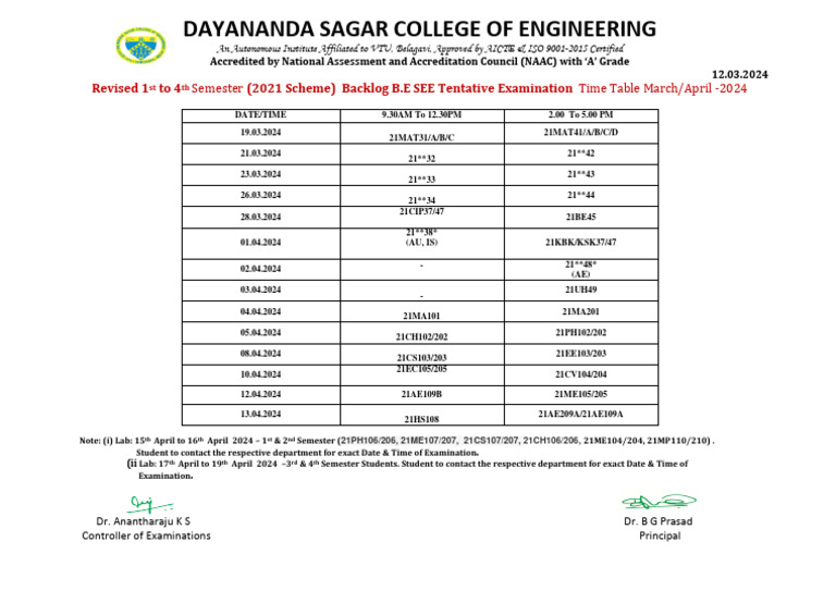Revised B.E 1st To 4th Semester (2021 Scheme) Semester B.E SEE Tentative Time Table 2024 | PDF