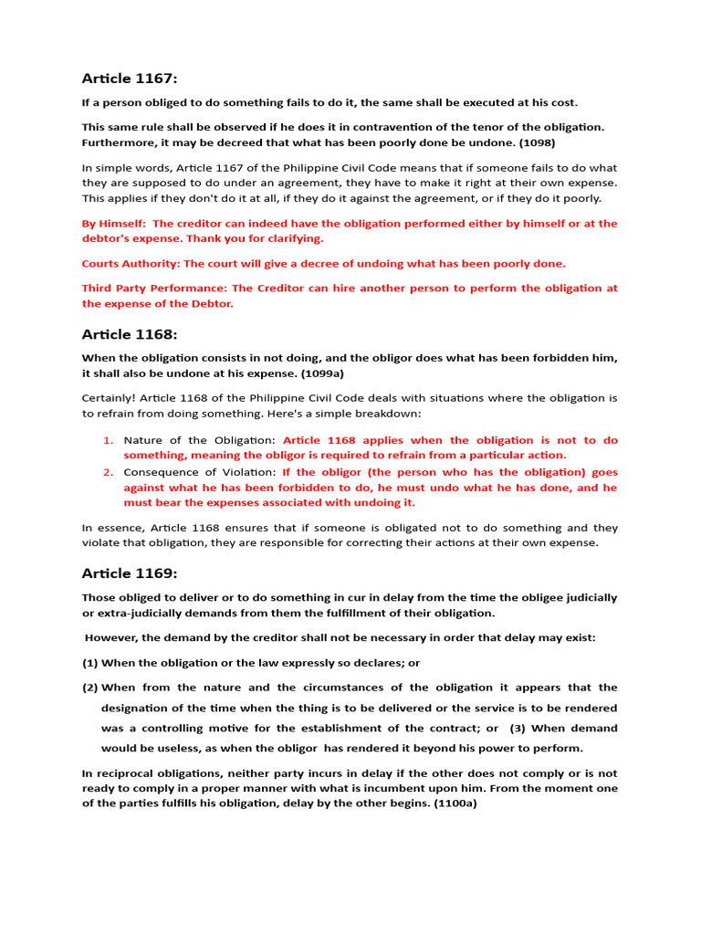 Article 1167 - 1170 Report Guide | PDF | Breach Of Contract | Damages