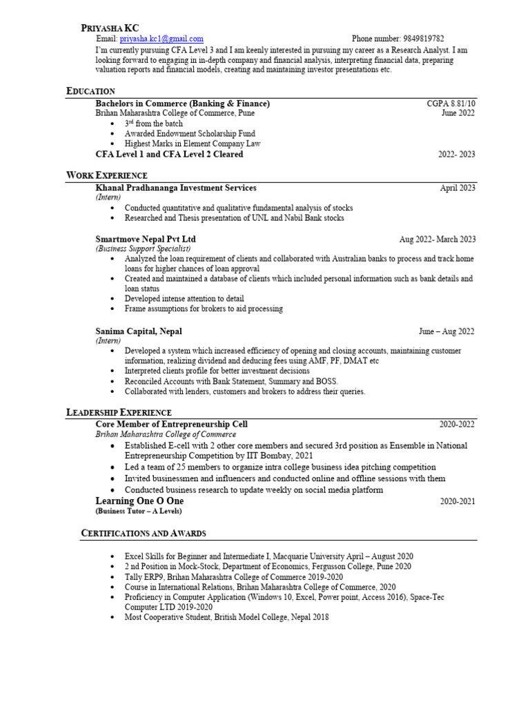 CV bhai KC | PDF | Financial Analyst | Financial Economics