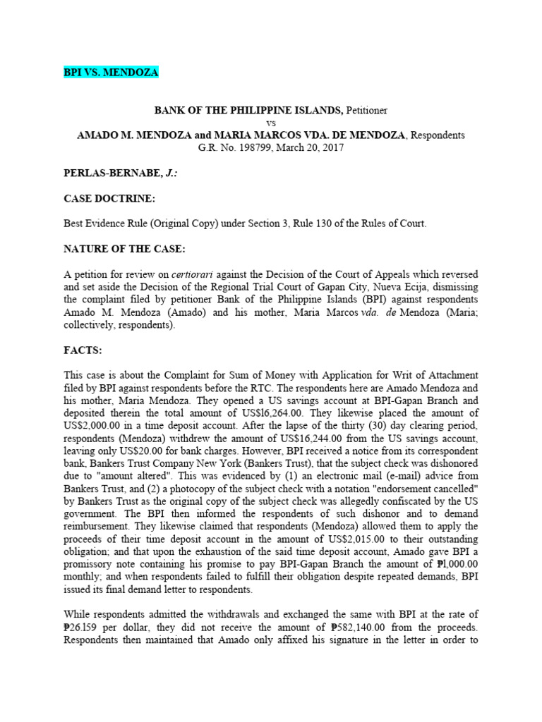 BPI vs. Mendoza | PDF | Burden Of Proof (Law) | Complaint