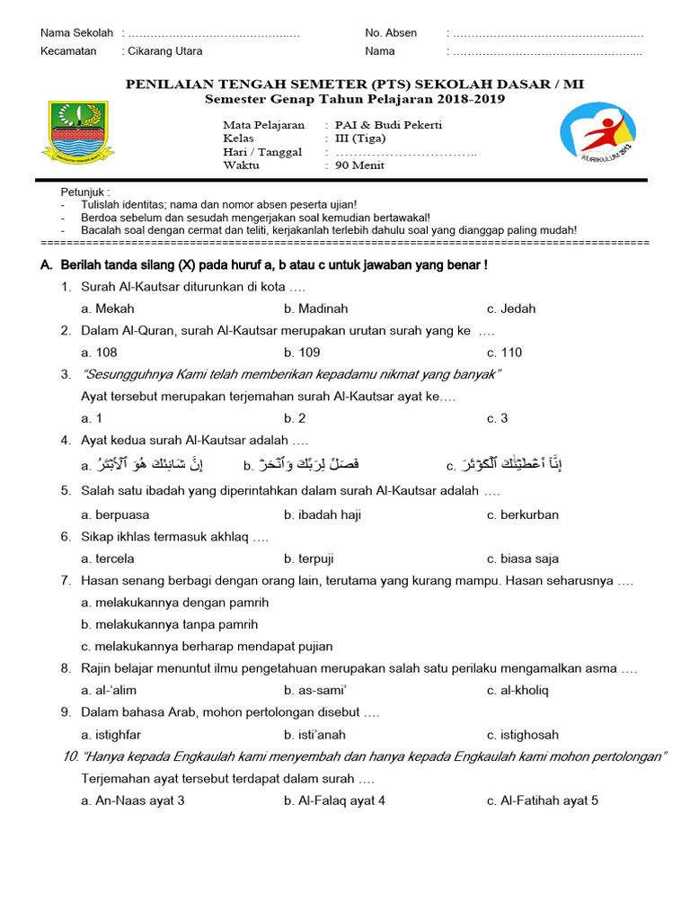 PAI - Soal PTS Genap Kelas 3 (2018-2019) | PDF | Agama & Spiritualitas